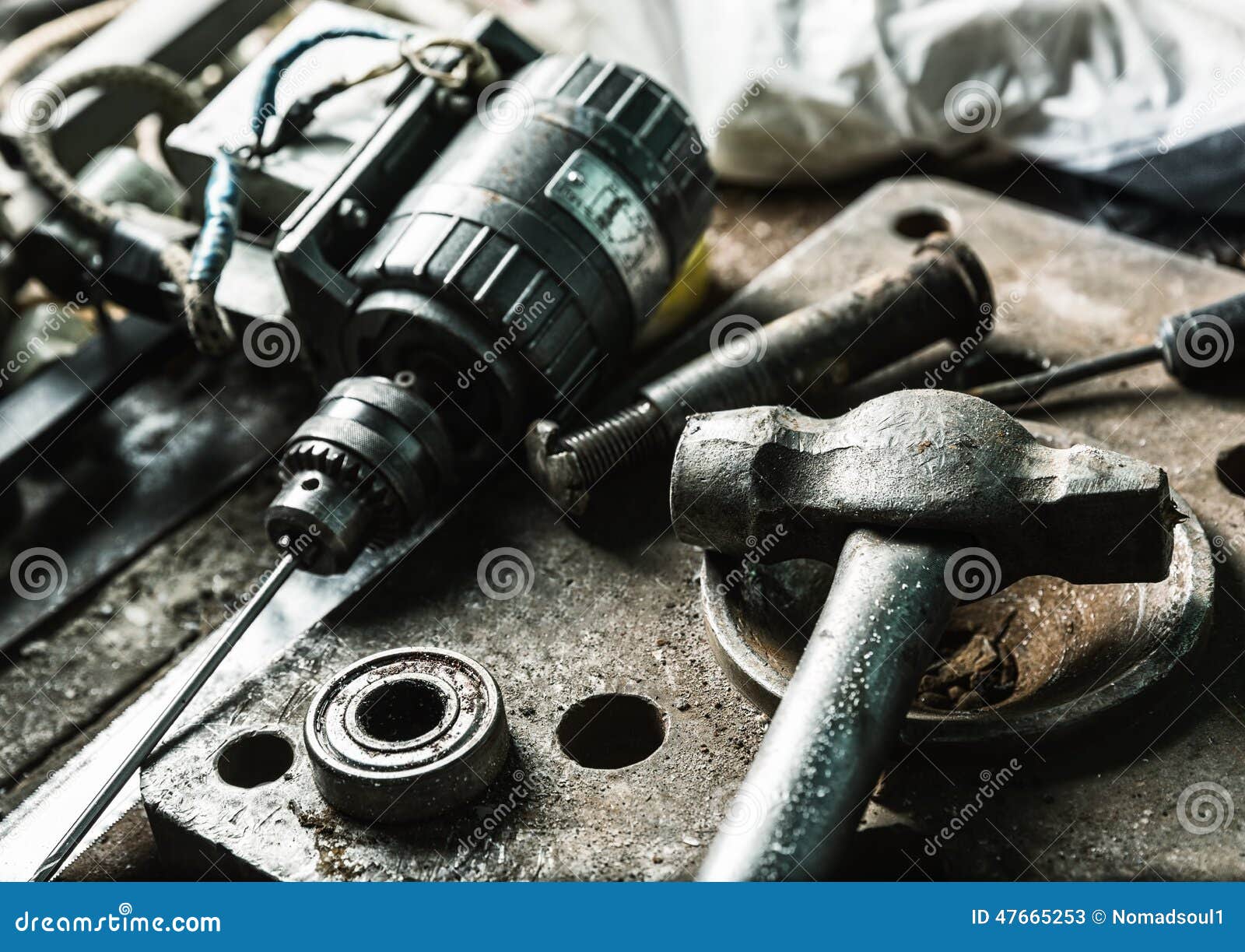 Drill Machine, Hammer and Some Mechanic Tools Stock Image - Image of ...