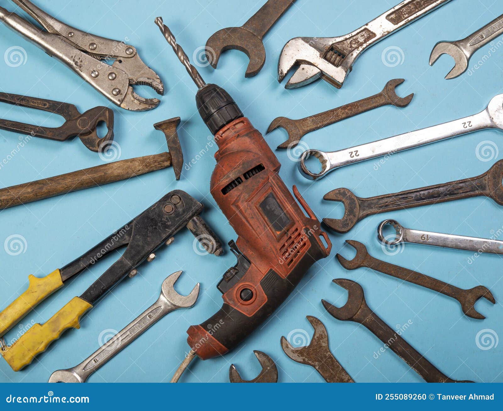 Drill Machine with Hardware Tools Around Creating Labor Day Theme Stock ...