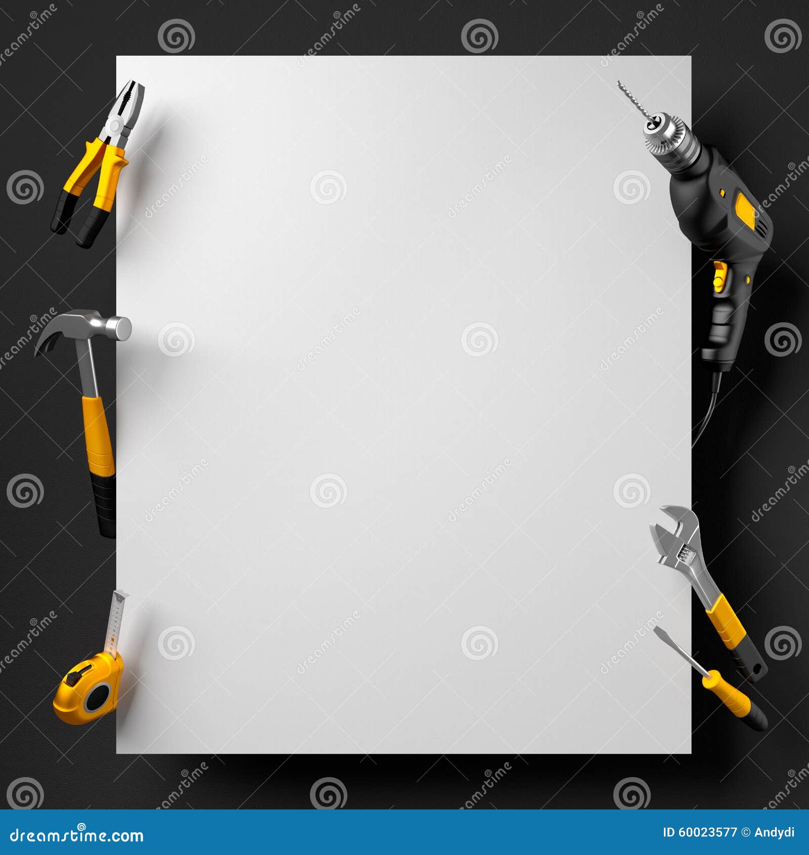 Drill, Pliers, Hammer and Construction Tools on a Black and White Stock ...