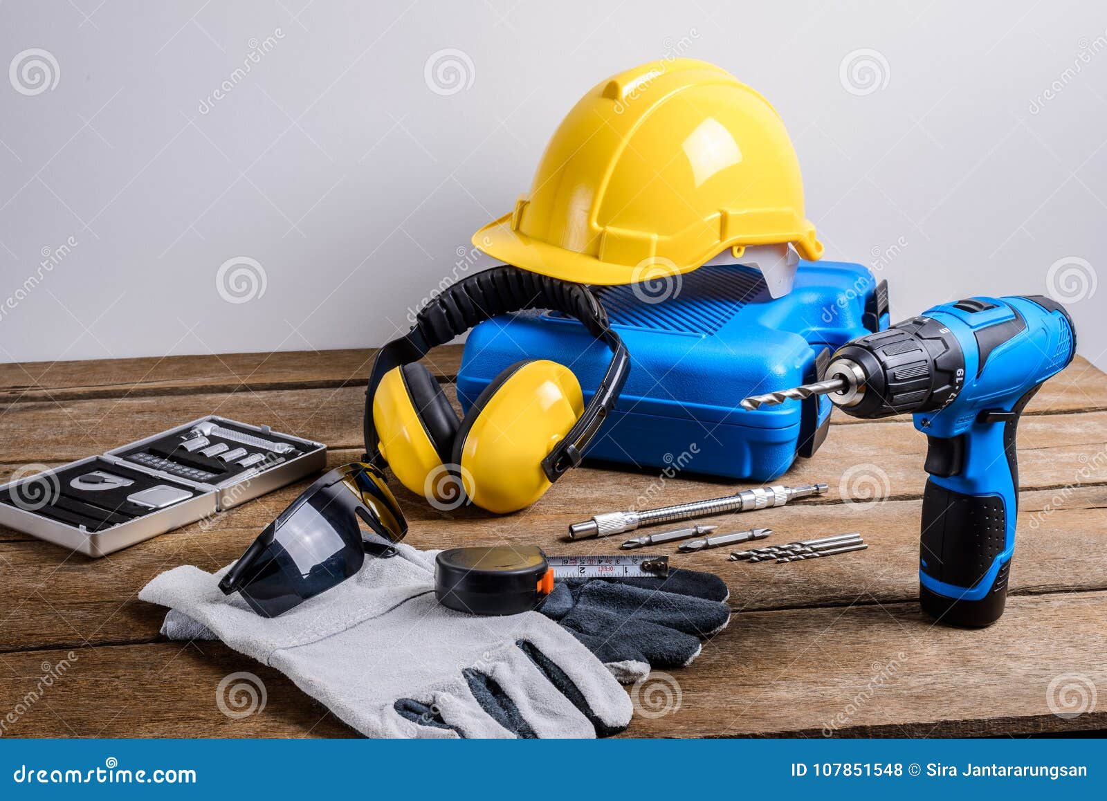 Drill and Set of Drill,tools,carpenter and Safety, Protection Equipment ...