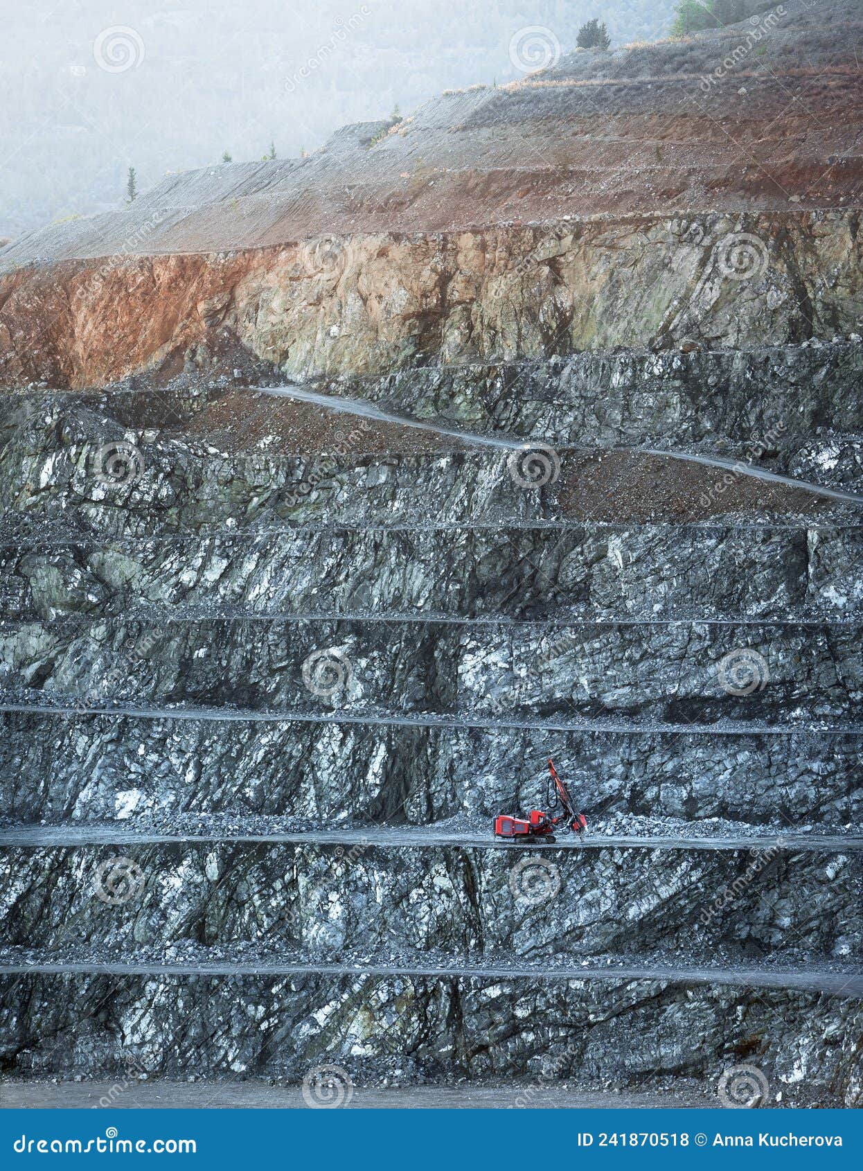 Diabase Quarry Stepped Wall With Two Red Drilling Machines, Panorama ...