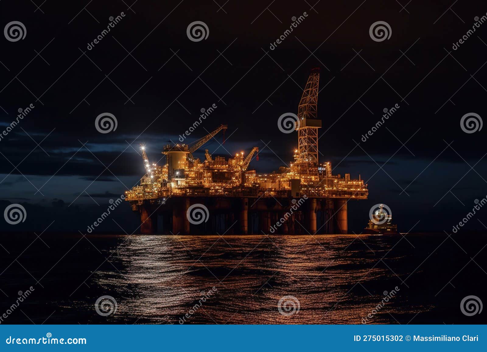 A Drilling Platform at Night. Drilling Platform Lit Up by Artificial ...