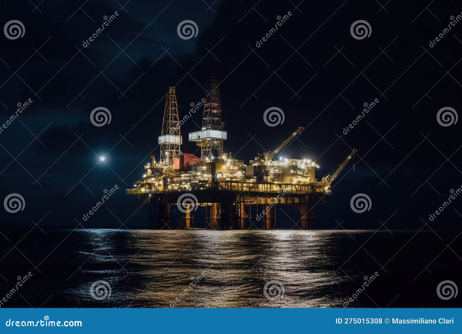 A Drilling Platform at Night. Drilling Platform Lit Up by Artificial ...