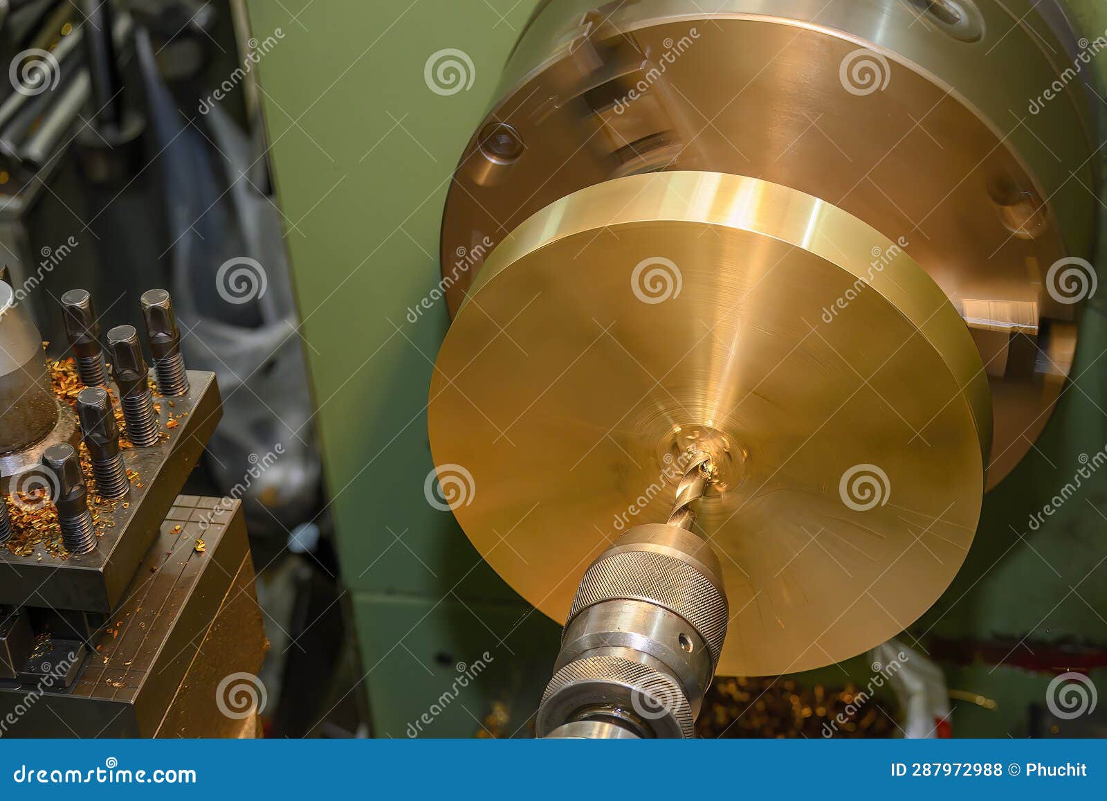 The Drilling Process at Brass Material Parts on Turning Machine Stock ...