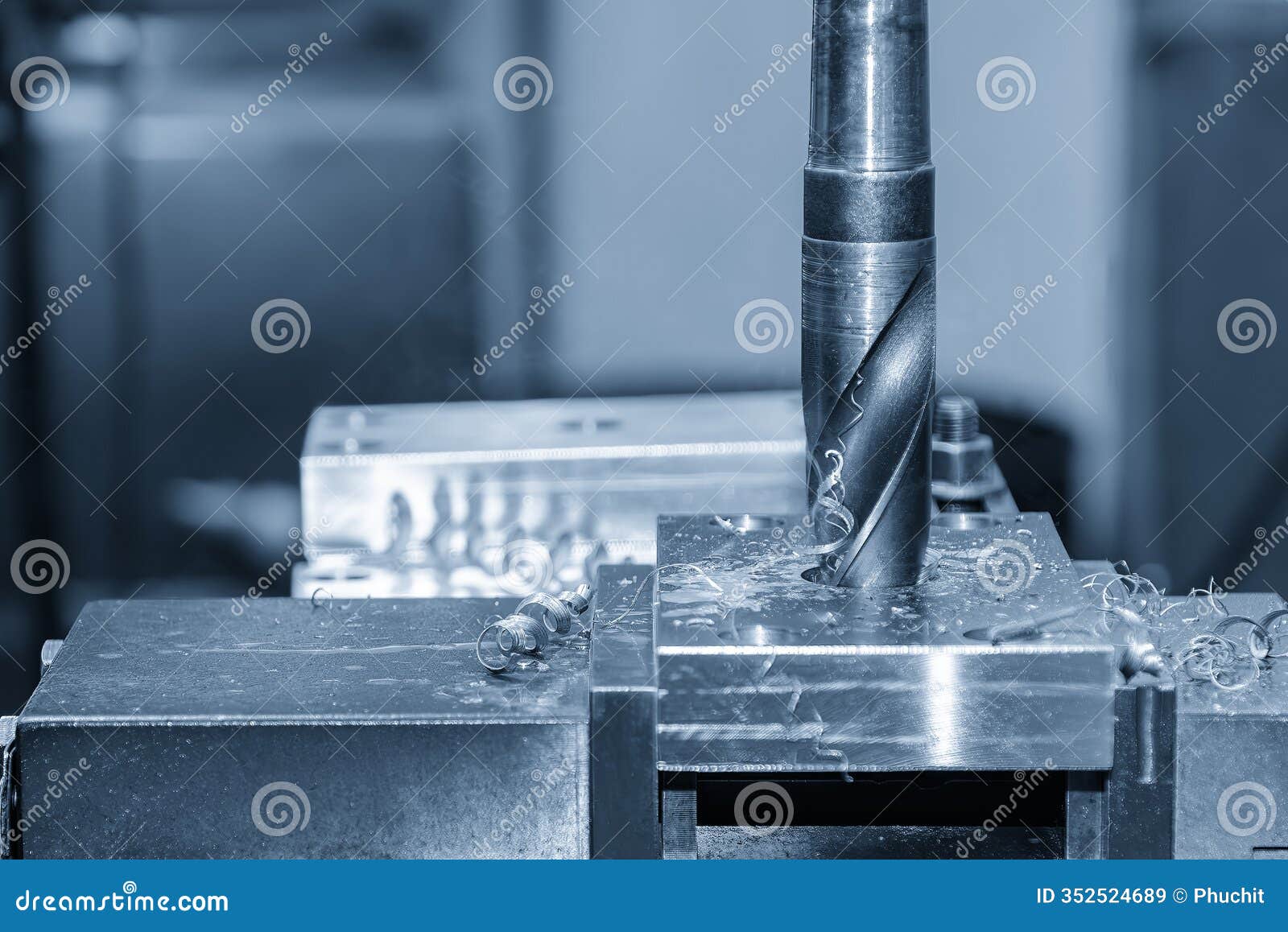 The Drilling Process on NC Milling Machine in the Light Blue Scene ...