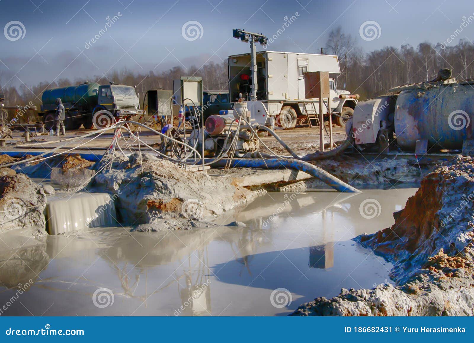 Drilling Rig. Drilling Deep Wells. Pit for Drilling Mud. Drilling ...