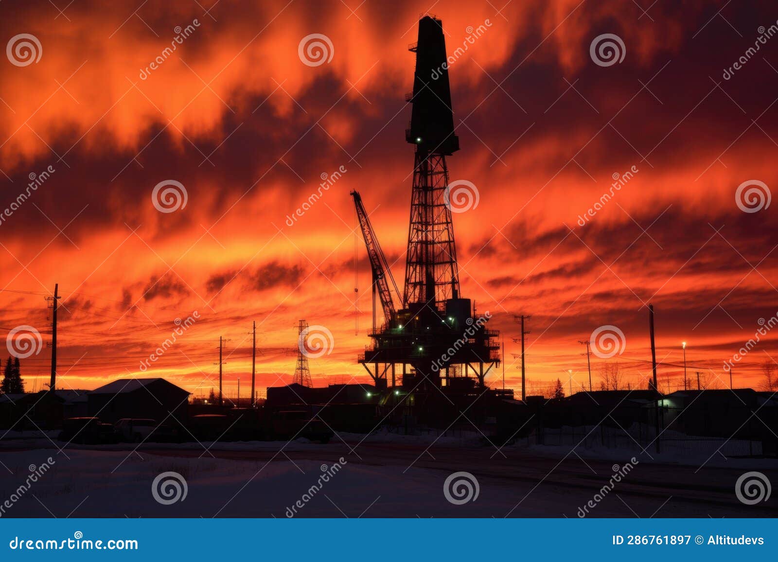 Drilling Rig Silhouette Against Arctic Sky Stock Image - Image of ...