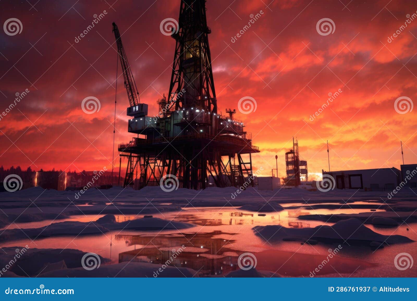 Drilling Rig Silhouette Against Icy Sunset Stock Image - Image of ...