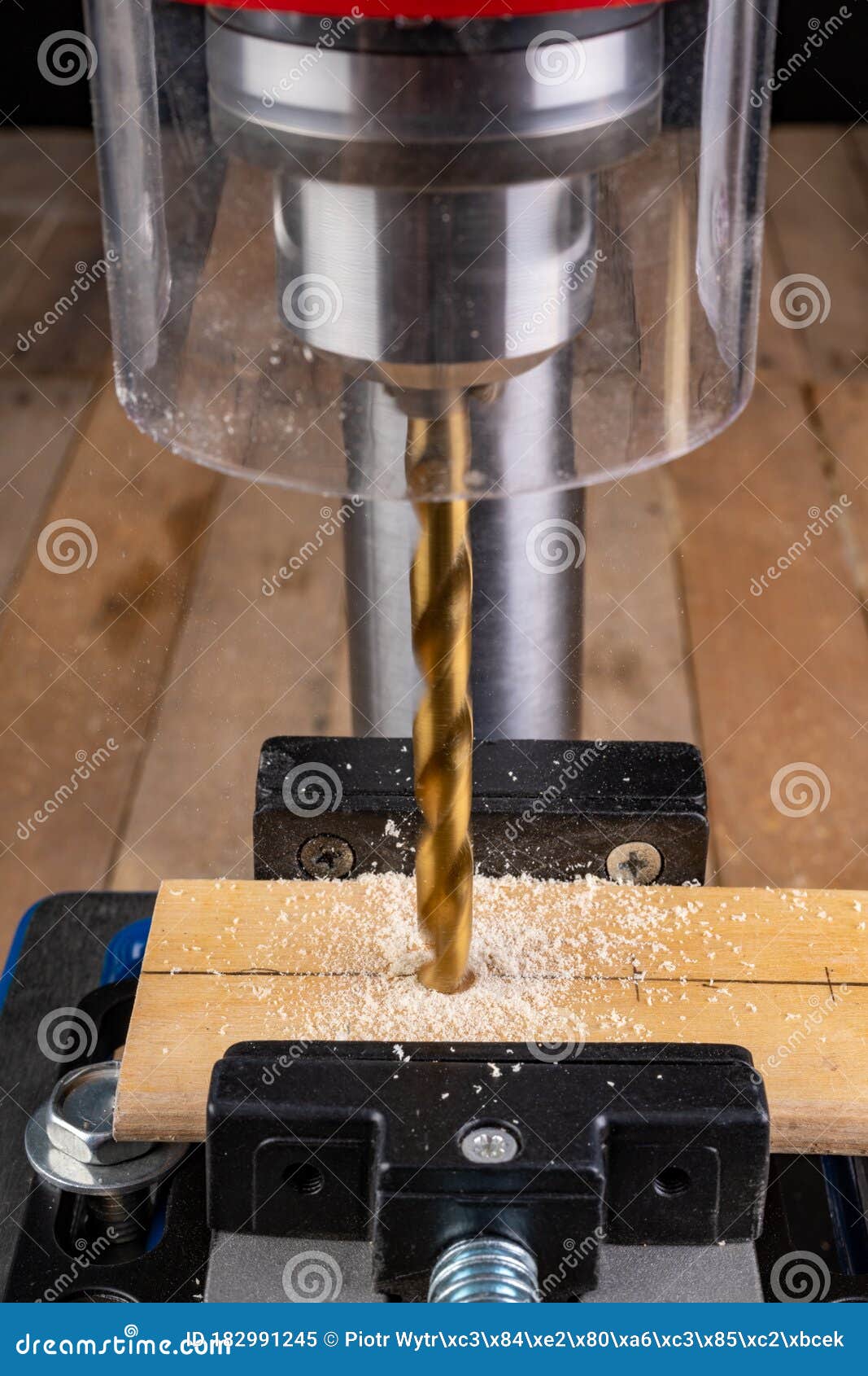 Drilling in Wood with Professional Tools. Work on a Bench Drill Stock ...