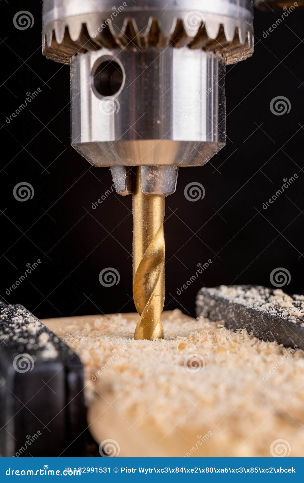 Drilling in Wood with Professional Tools. Work on a Bench Drill Stock ...