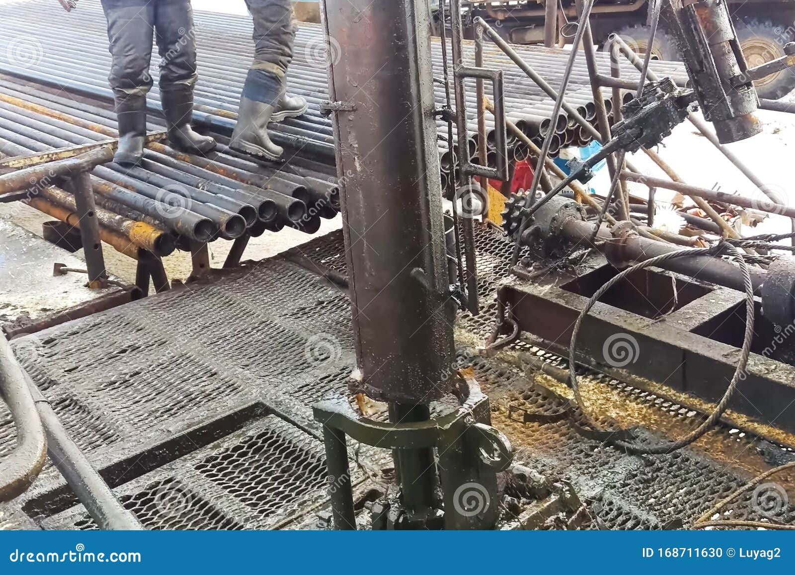 Drilling Work at the Well. Drill Rig, Rotation of Drill Pipe Stock ...