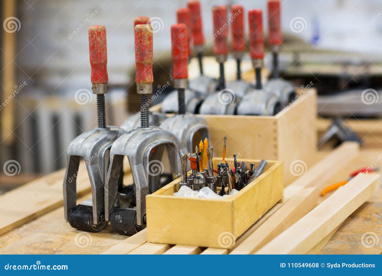 Drills and Woodworking Tools at Workshop Stock Photo - Image of ...