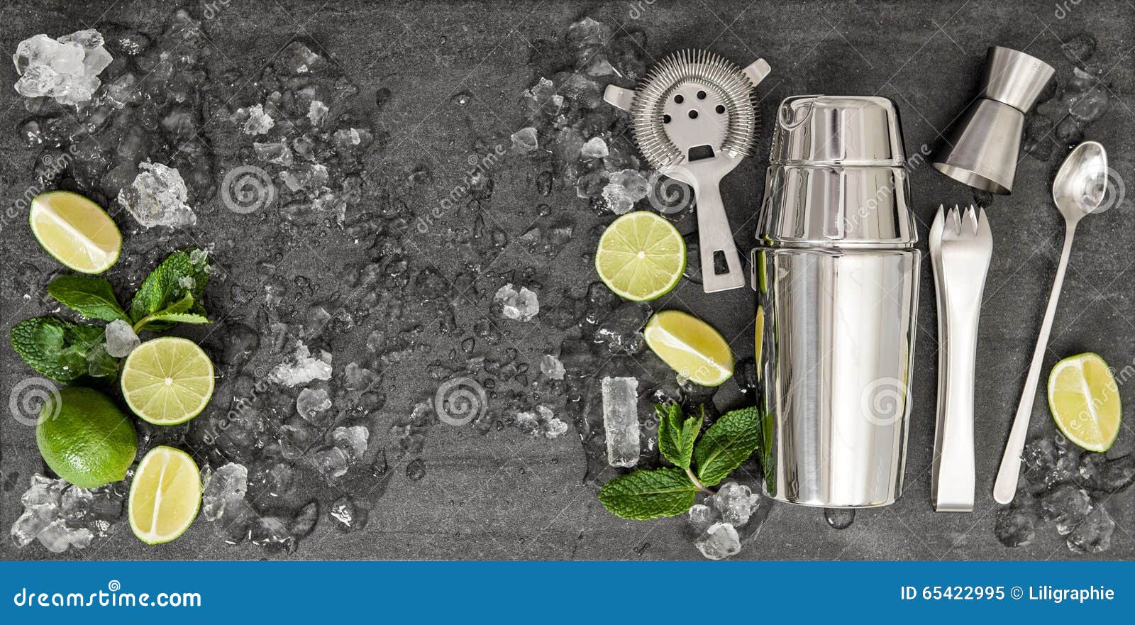 Drink Making Tools. Ingredients for Cocktail Lime, Mint, Ice Stock ...