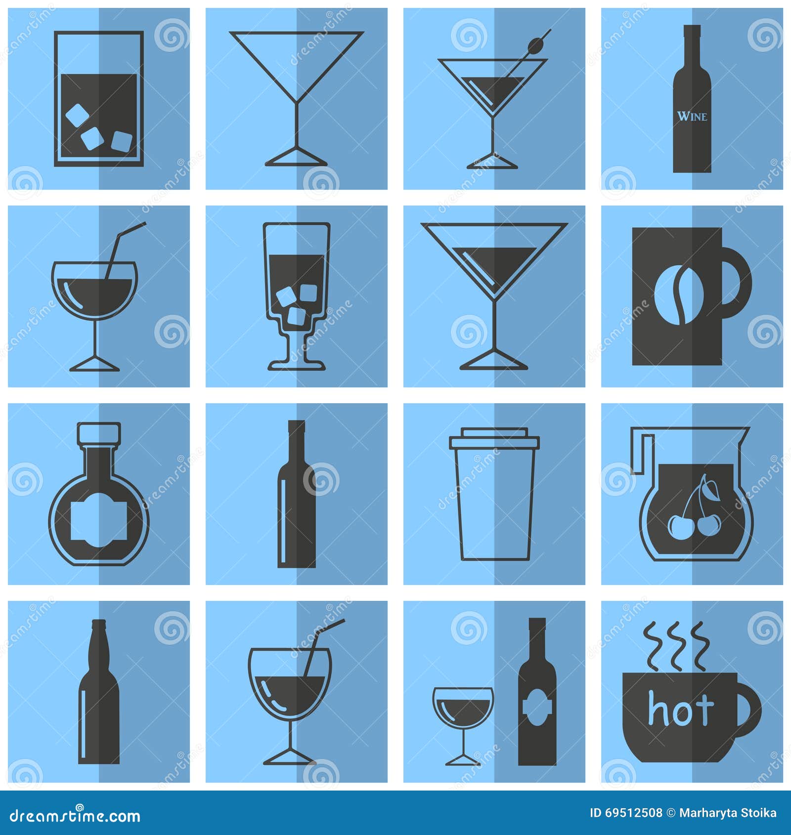 Drink Vector. Flat Icons. Grey Blue Beverage Icons. Stock Vector ...