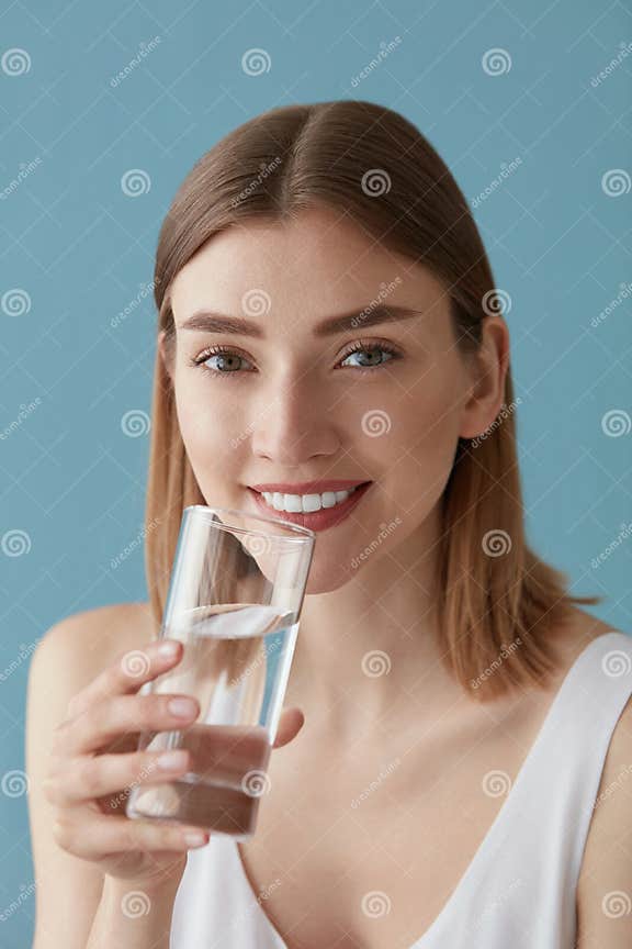 Drink Water Smiling Woman Drinking Water From Glass Portrait Stock