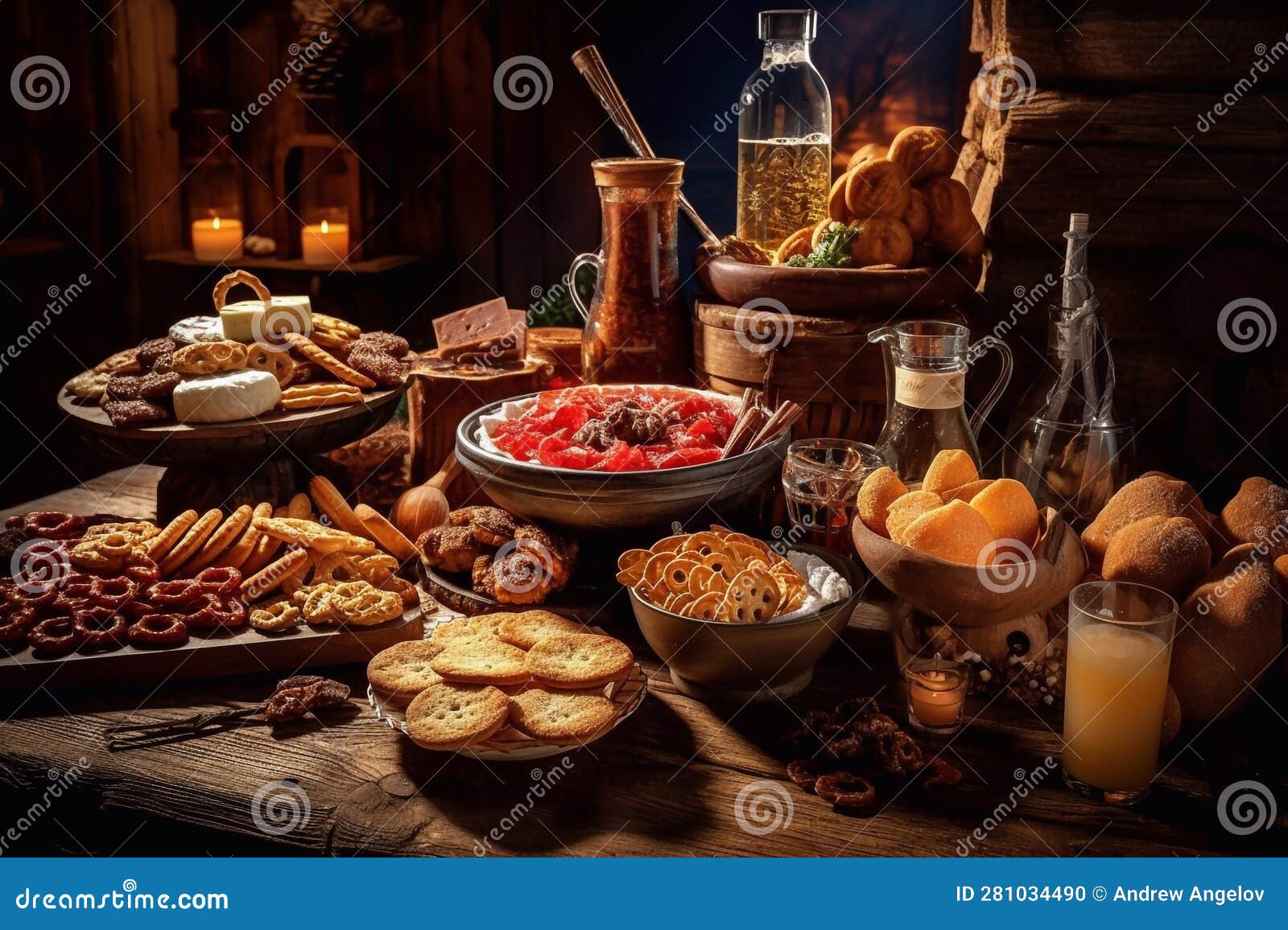 Drinking Beer after Work. Table Full of Beer Snacks. Pouring Bottle of ...