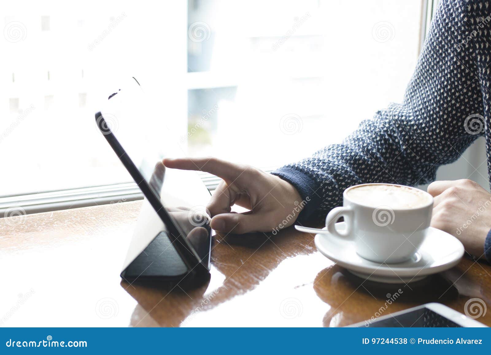 Drinking Coffee with the Tablet Stock Photo - Image of hands ...