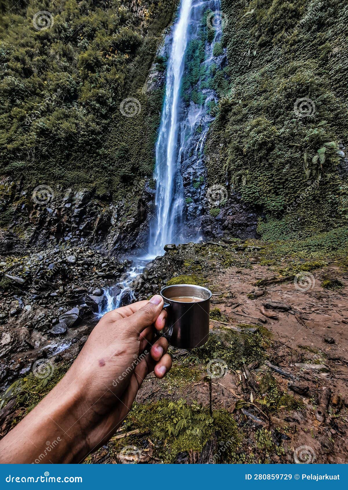 Drinking Coffee Under a Beautiful Waterfall Stock Image - Image of ...