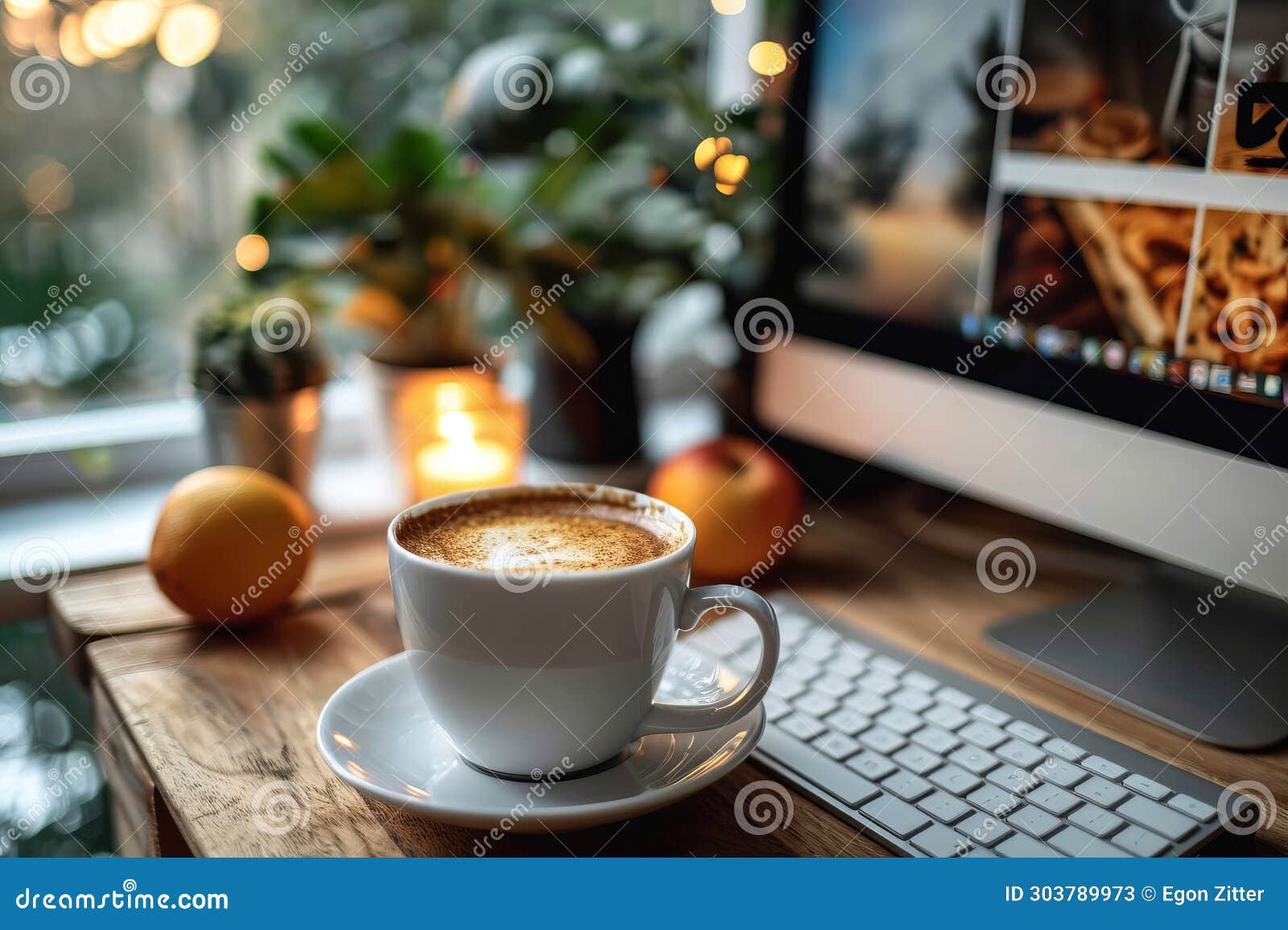 Drinking a Cup of Coffee or Tea while Working on a Pc or Tablet Stock ...