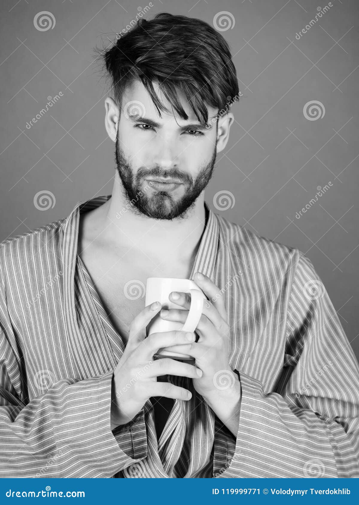 Drinking And Dieting Man Drinking Cup Of Tea Or Coffee In Robe Stock