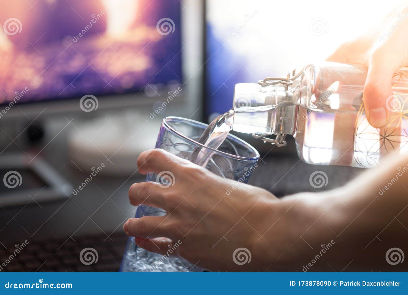 Drinking Water in the Office: Close Up of Glass Bottle, Workplace Stock ...
