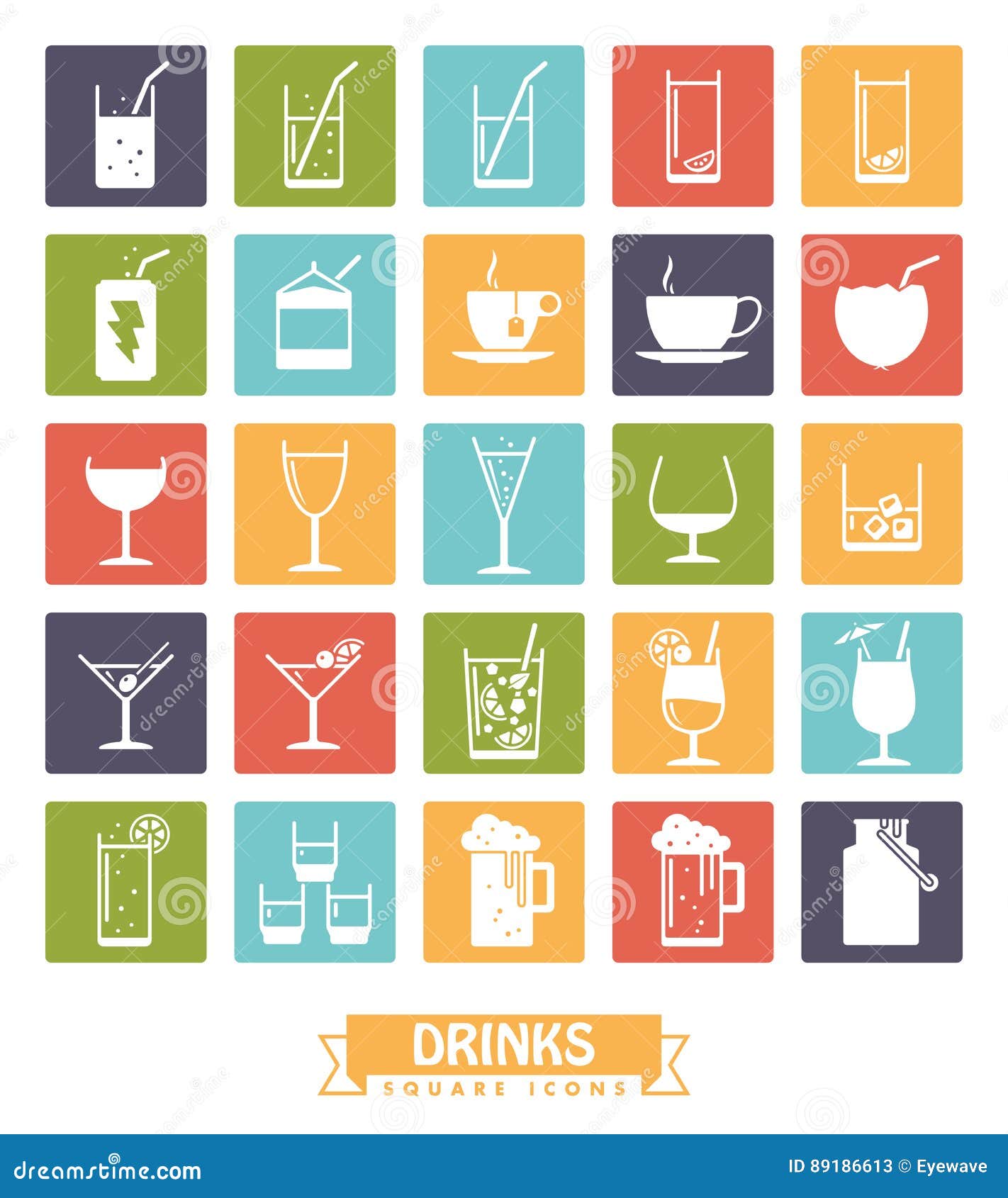 Drinks and Beverages Square Color Icons Vector Set. Stock Vector ...