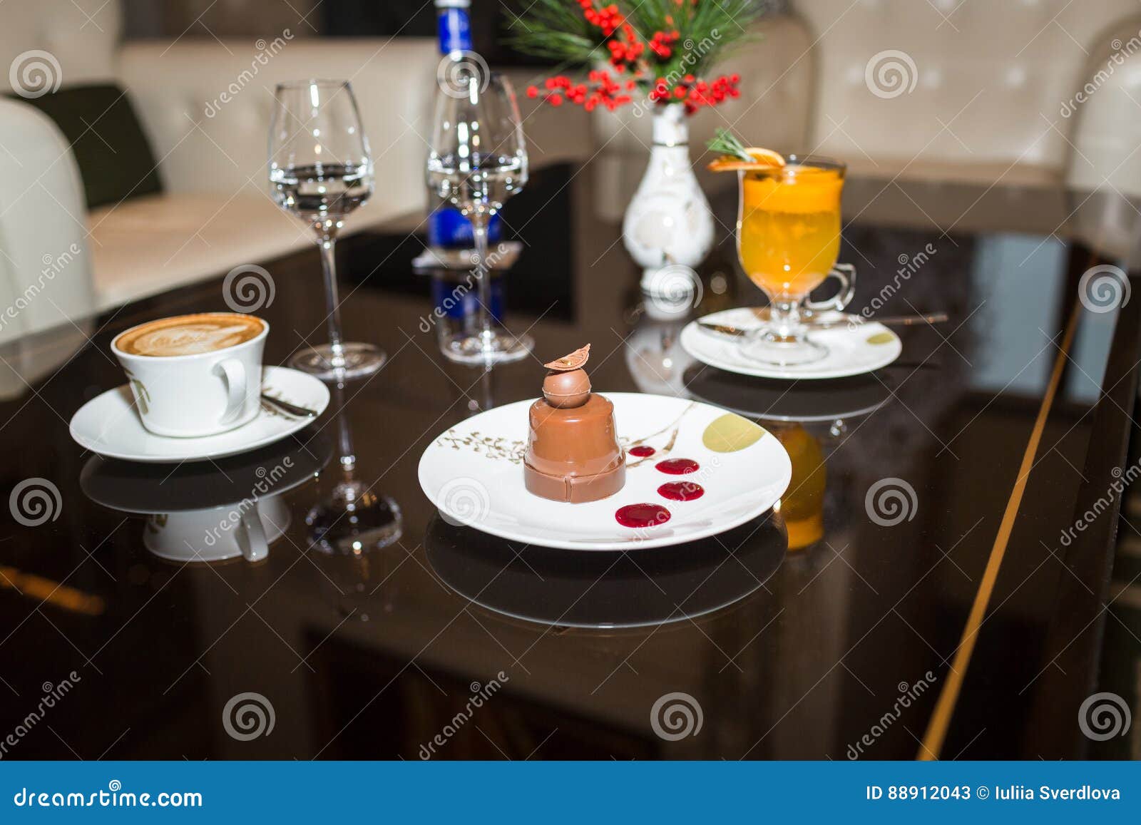 Drinks and Desserts on Table in Cafe Stock Image - Image of orange ...