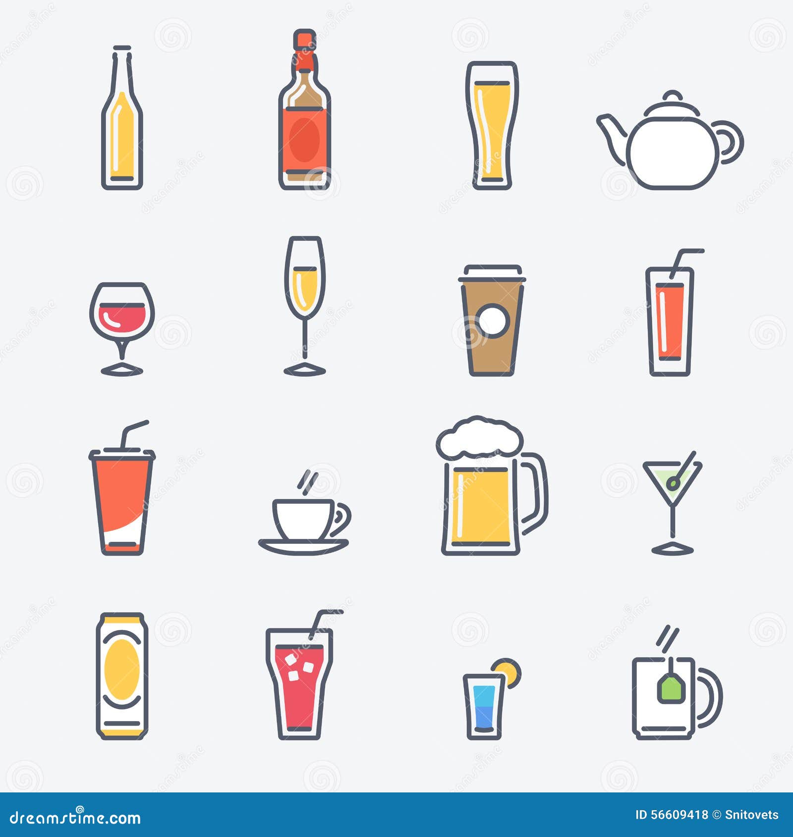 Drinks Icons Set. Trendy Thin Line Design with Flat Elements Stock ...