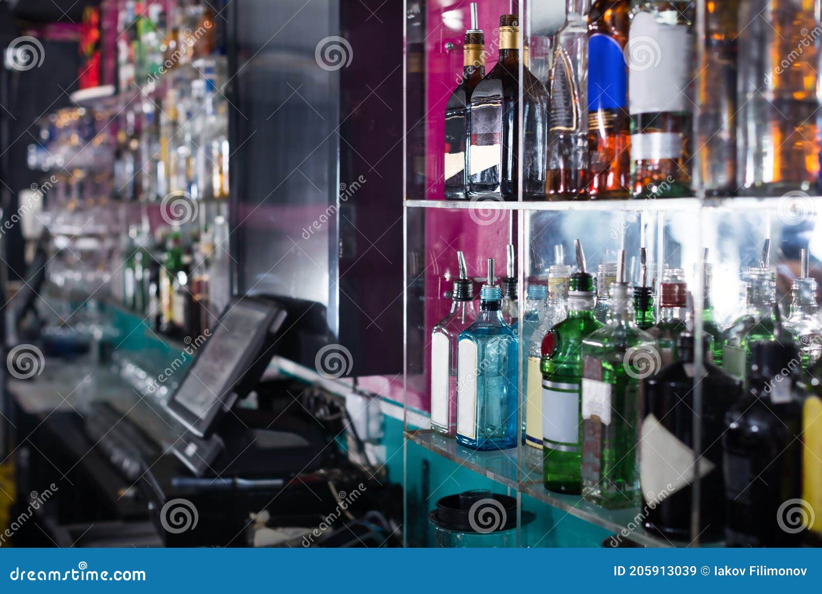 Drinks on the Showcase of the Bar Stock Image - Image of shelves ...