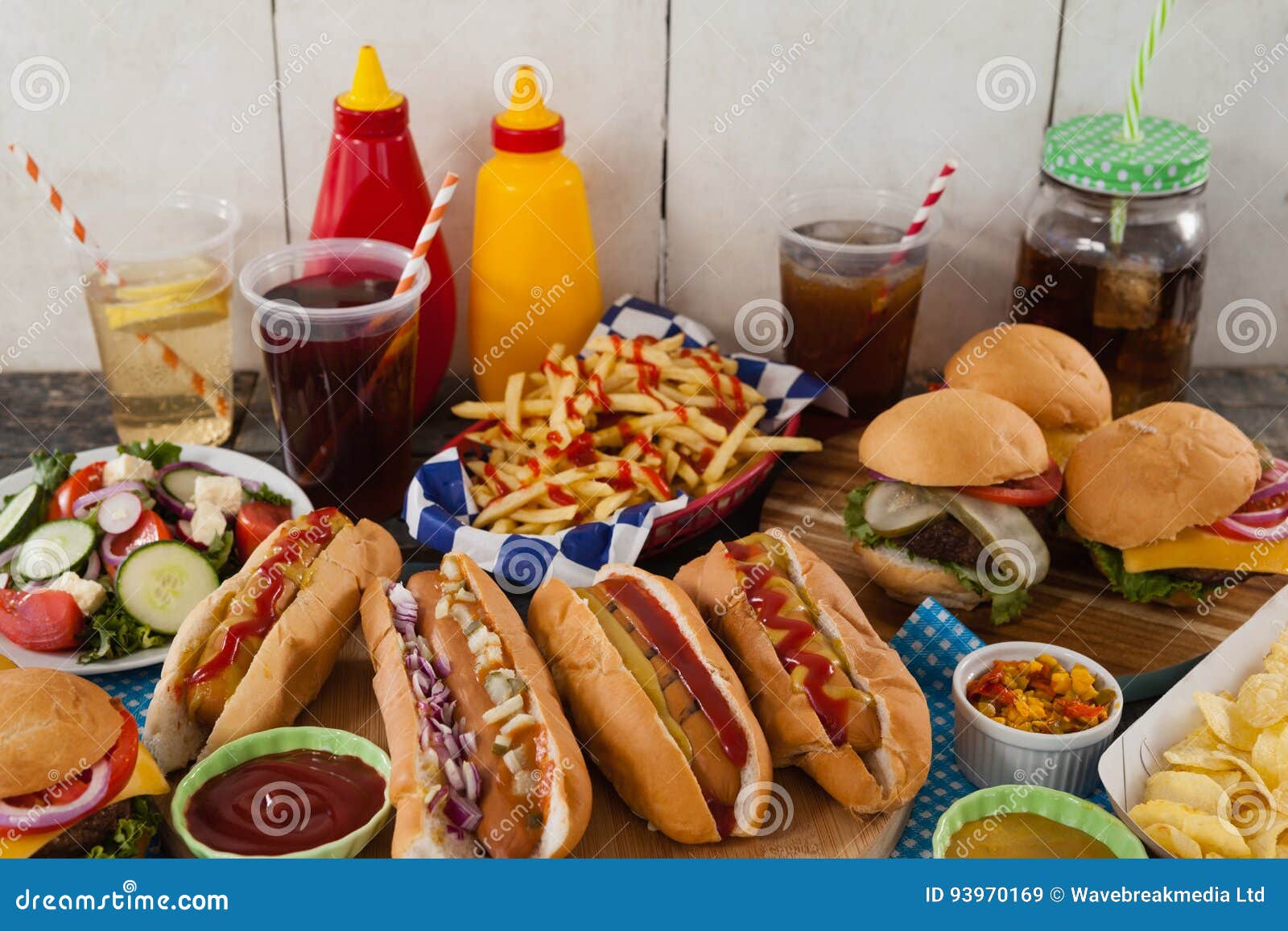 Drinks and Snacks on Wooden Table Stock Image - Image of food, drink ...