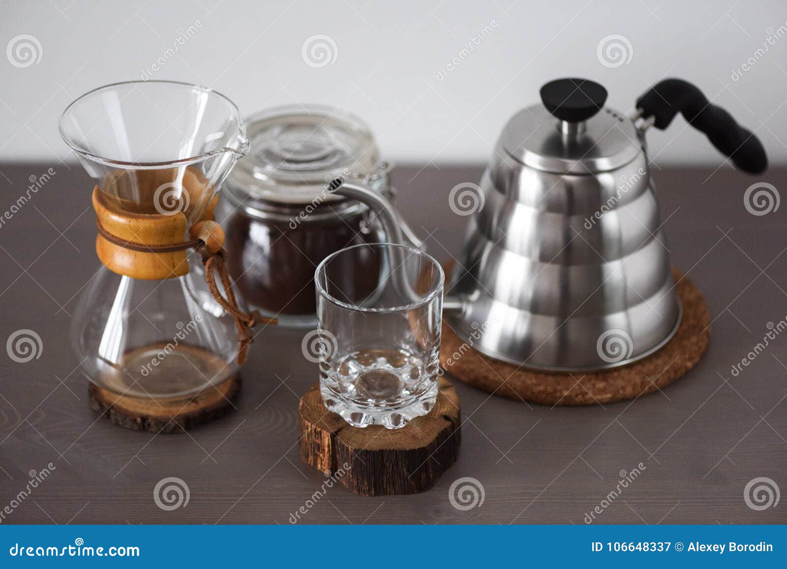Drip Coffee Pour Over Set. Hand Drip Coffee Maker, Glass, Kettle Stock ...