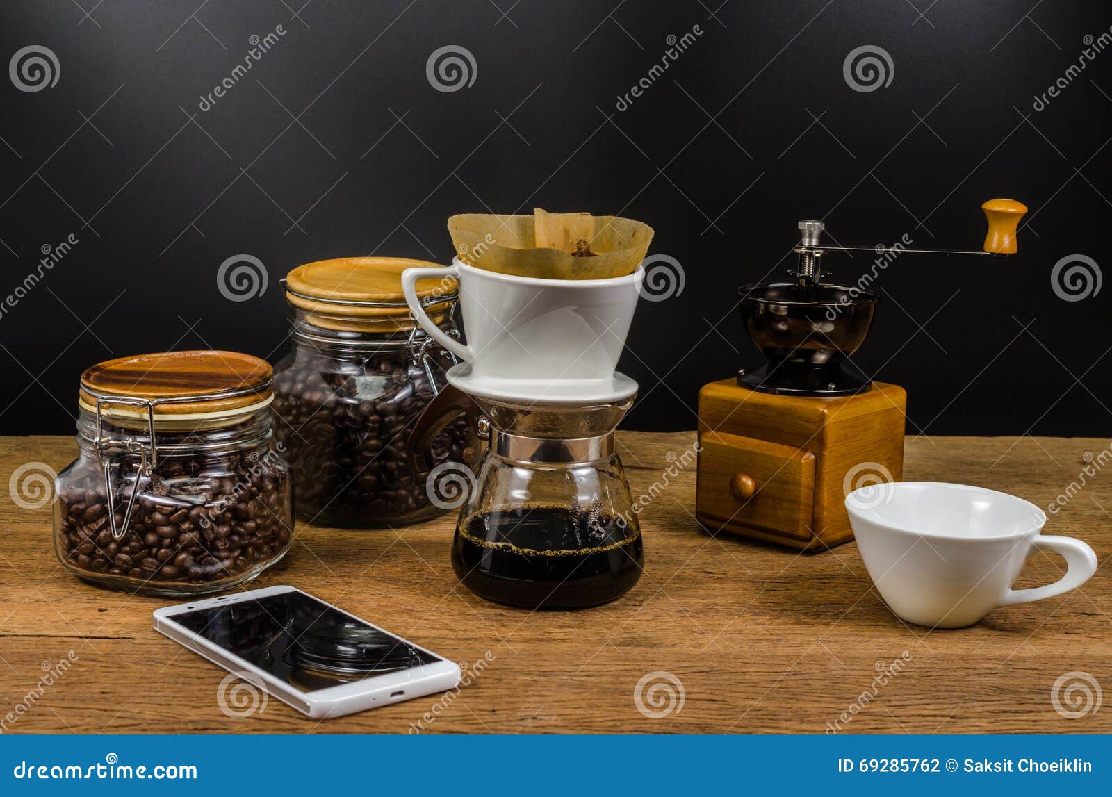 Drip Coffee Tools and Coffee Bean Stock Photo - Image of food, phone ...