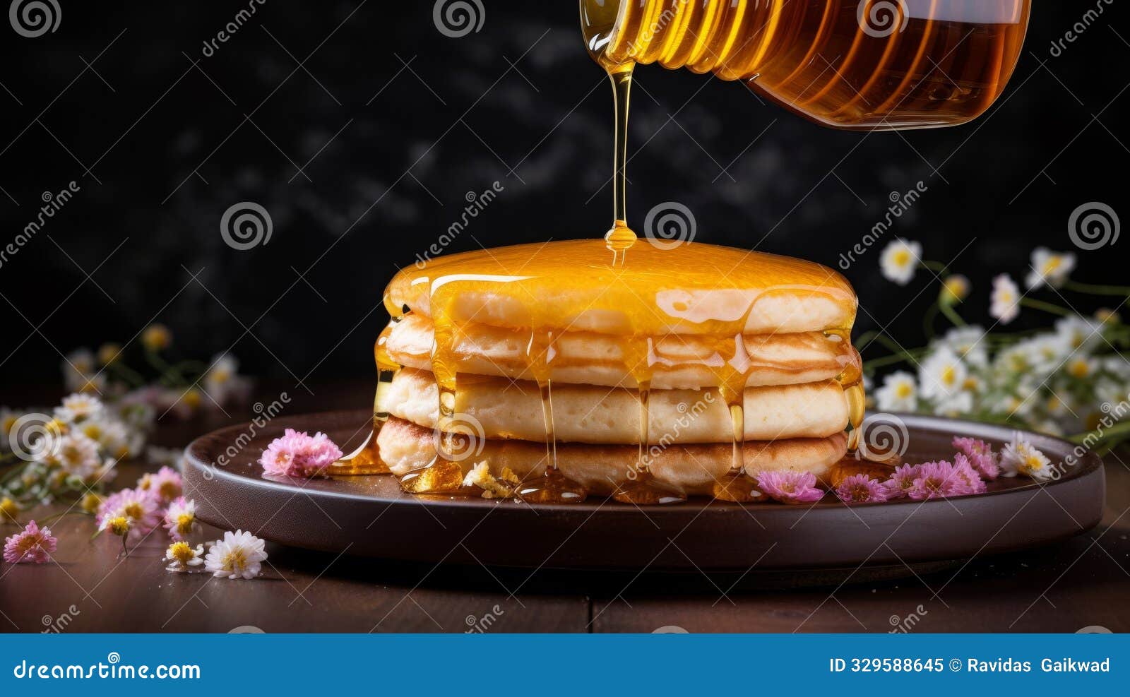 Dripping Honey Drizzle Over Stack of Pancakes with Golden Texture Stock ...