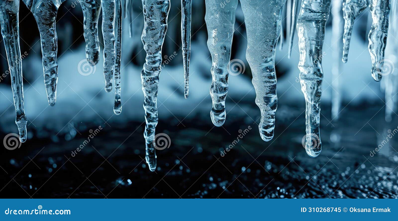 Dripping Icicles on Blue Background, Many Melting Icicles, Clean Water ...