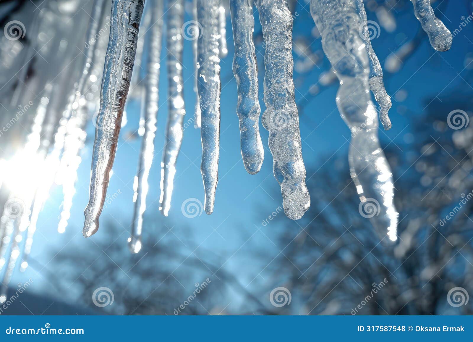Dripping Icicles on Blue Background, Many Melting Icicles, Clean Water ...