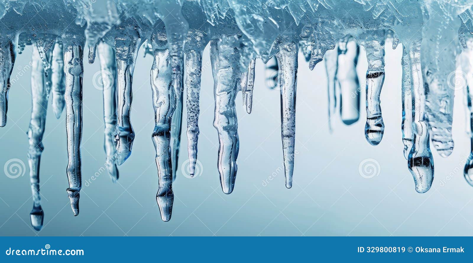 Dripping Icicles on Blue Background, Many Melting Icicles, Clean Water Falling Down from Icicles ...