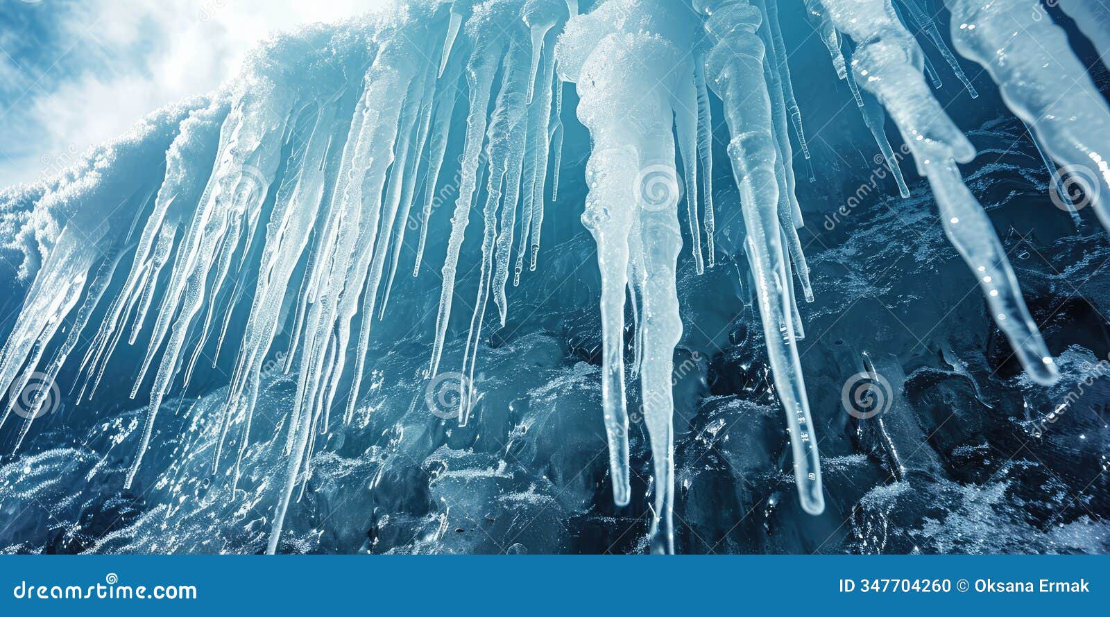 Dripping Icicles on Blue Background, Many Melting Icicles, Clean Water ...