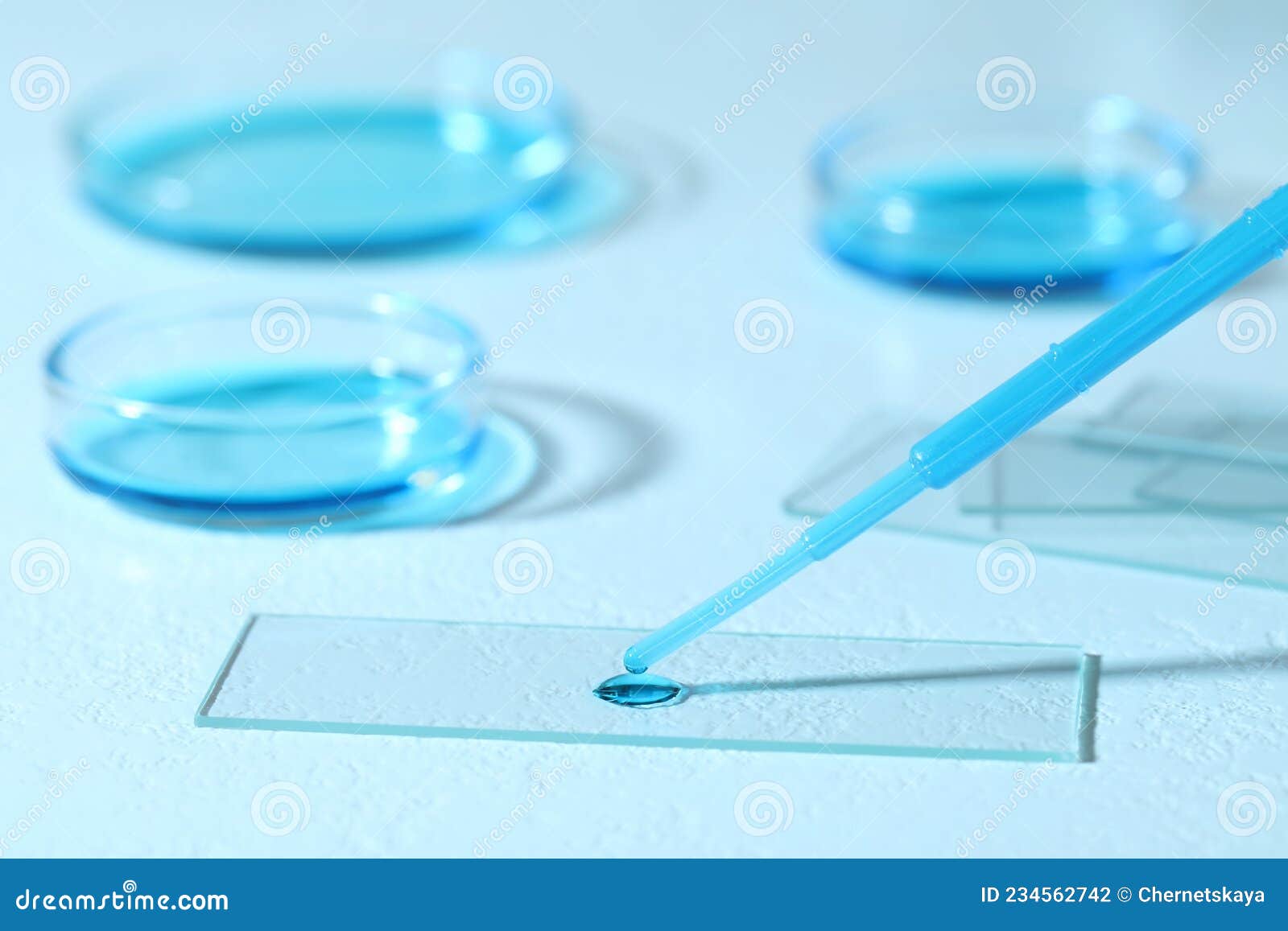 Dripping Sample of Light Blue Liquid Onto Microscope Slide on White ...