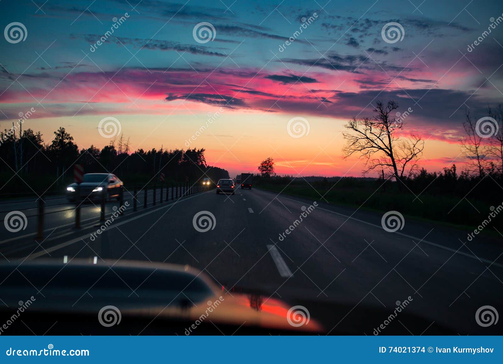 Drive Car at Beautiful Sunset. Nature Landscape Stock Photo - Image of ...