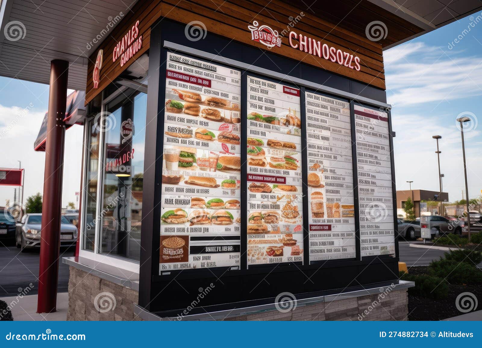 Drive-thru with Menu Board, Showing Different Kinds of Food and Drinks ...