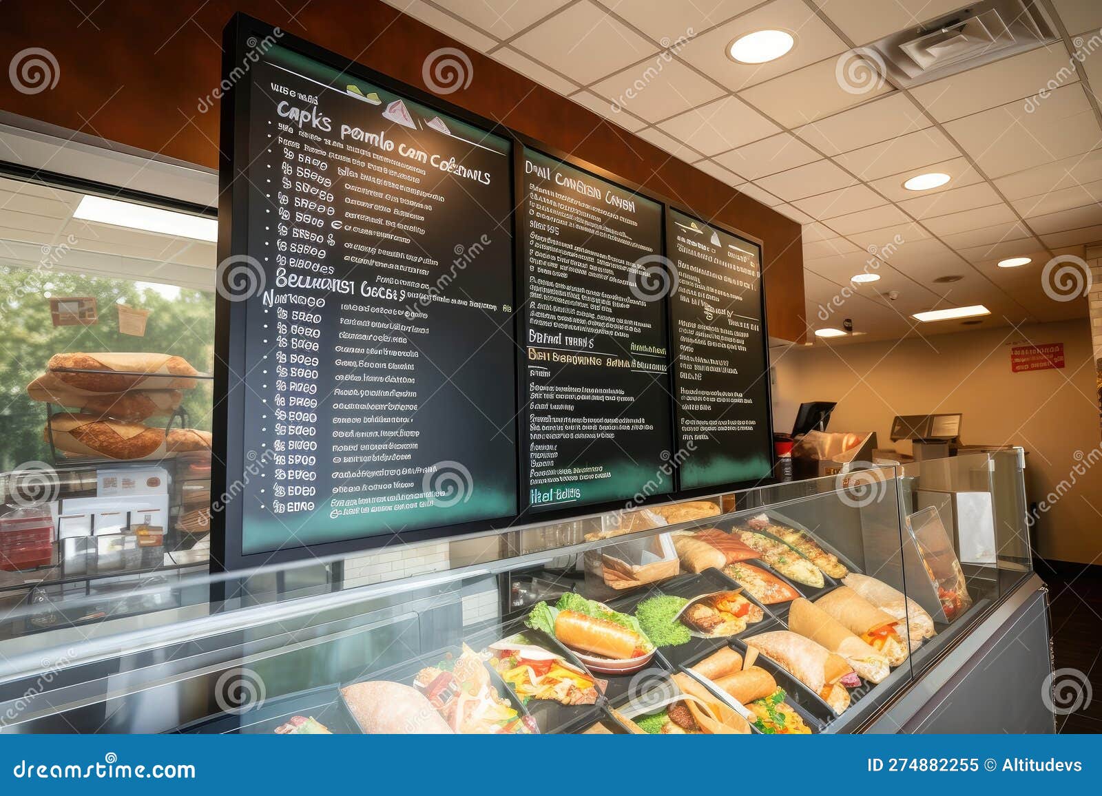 Drive-thru Window with Menu Board, Featuring Various Food Items and ...