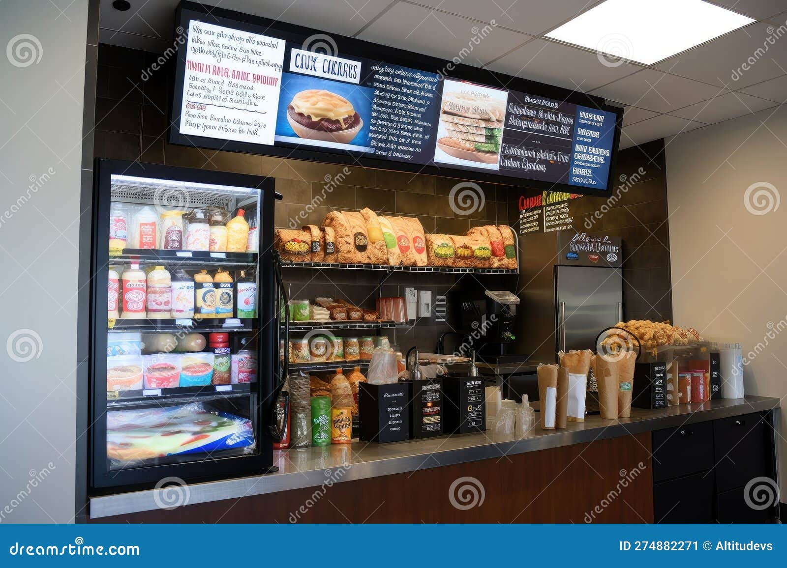 Drive-thru Window with Menu Board, Featuring Various Food Items and ...