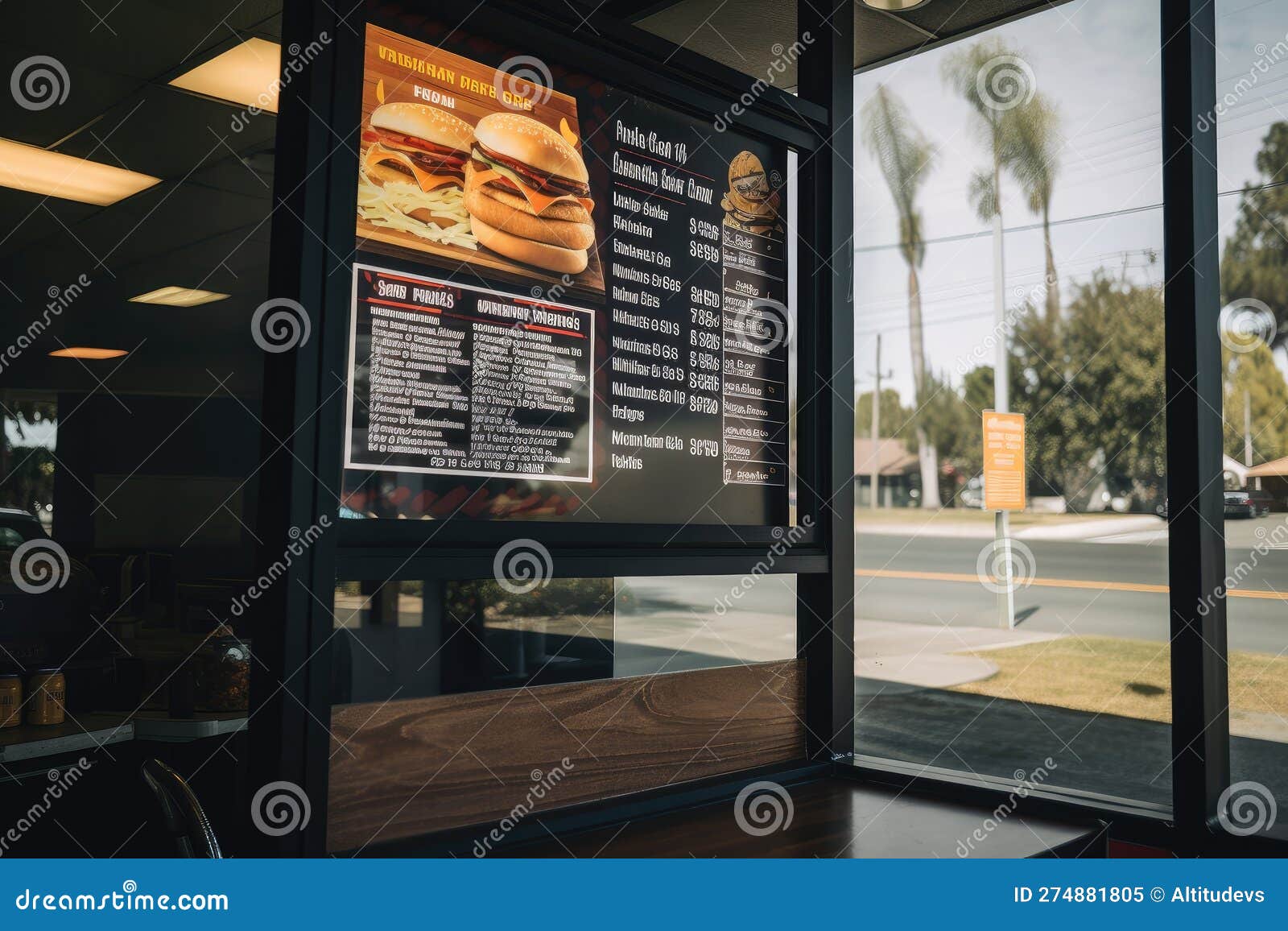 Drive-thru Window with Menu Board, Showcasing the Day S Special Offers ...