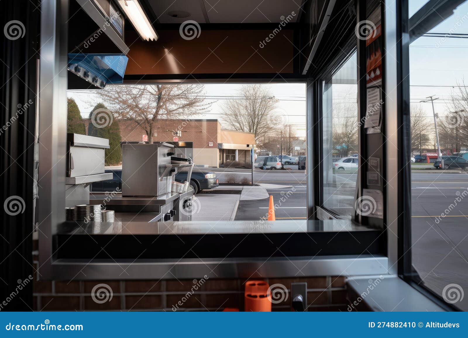 Drive-thru Window with View of Restaurant Kitchen, Showcasing the Fast ...