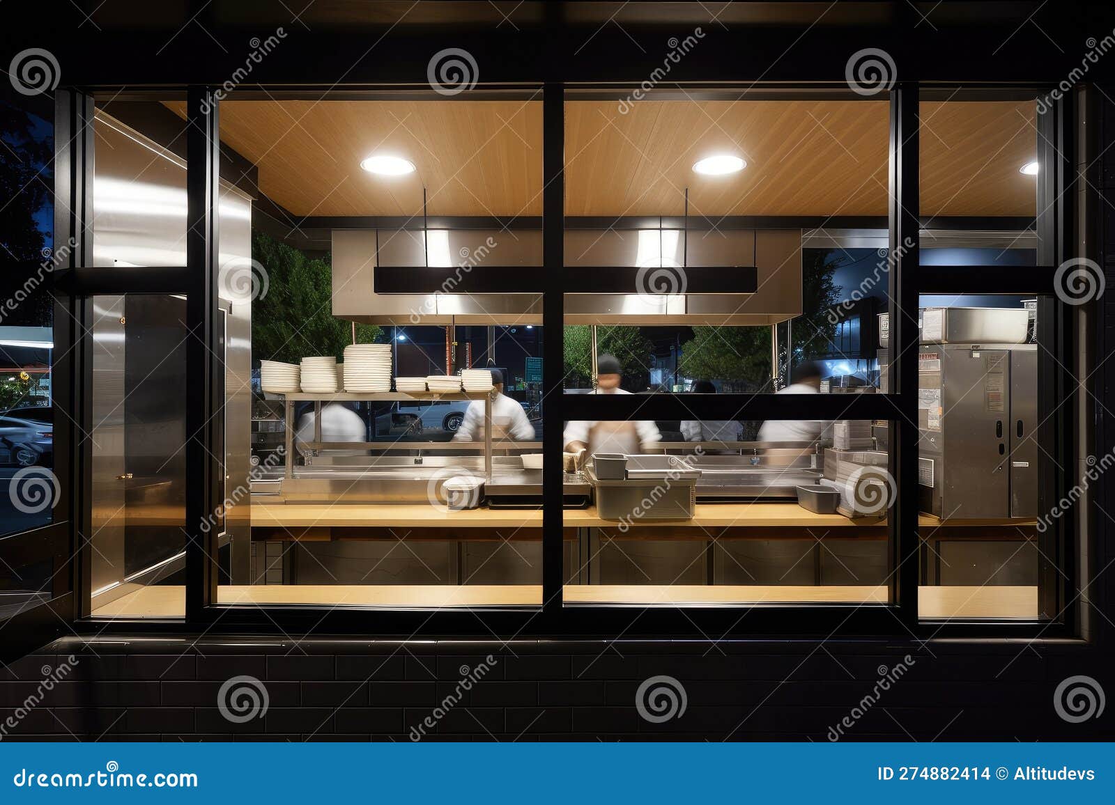 Drive-thru Window with View of Restaurant Kitchen, Showcasing the Fast ...