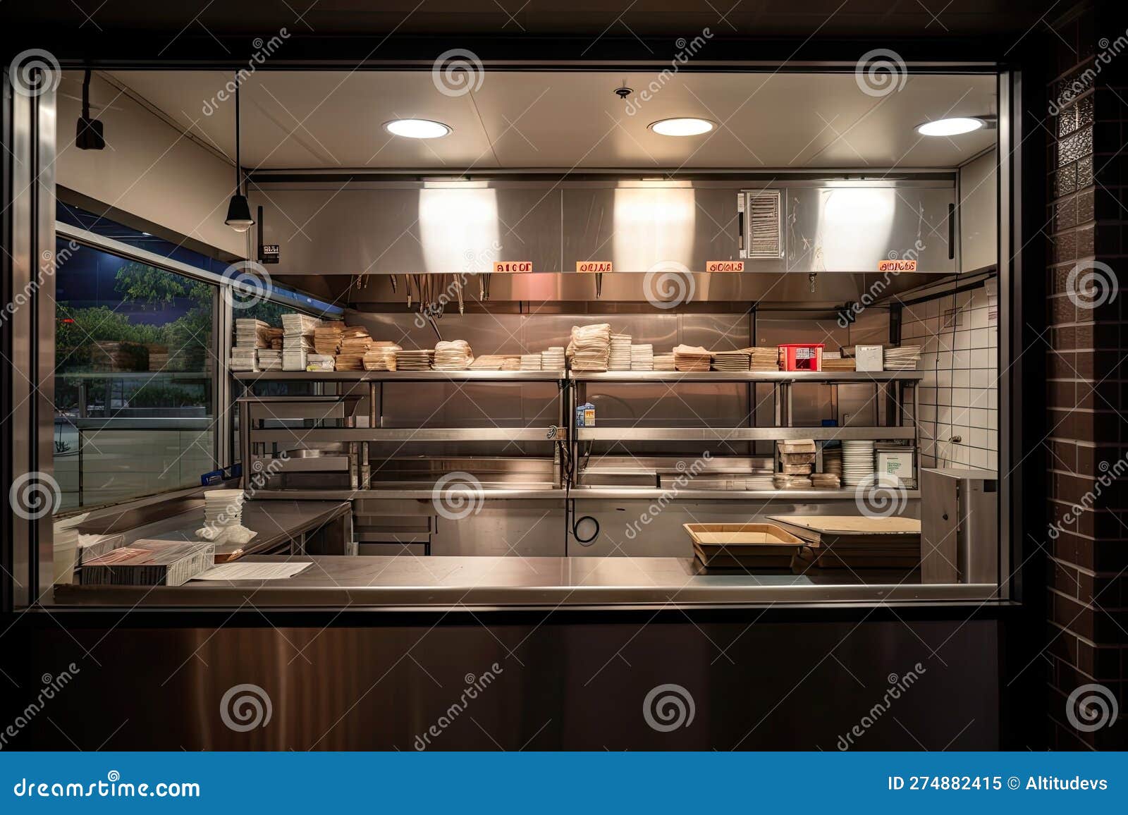 Drive-thru Window with View of Restaurant Kitchen, Showcasing the Fast ...