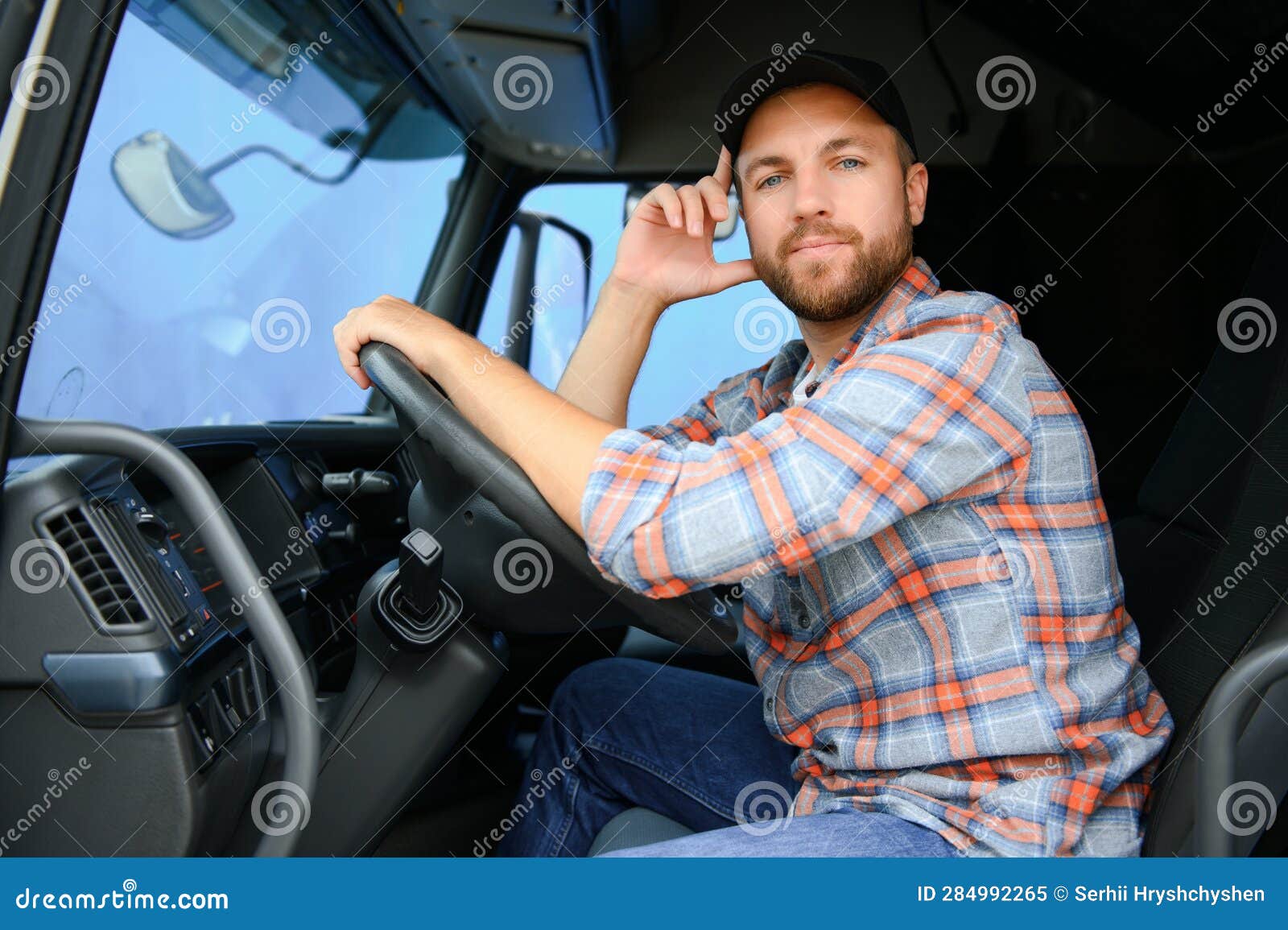 Driver Behind the Wheel in Truck Cabin Stock Image - Image of steering ...