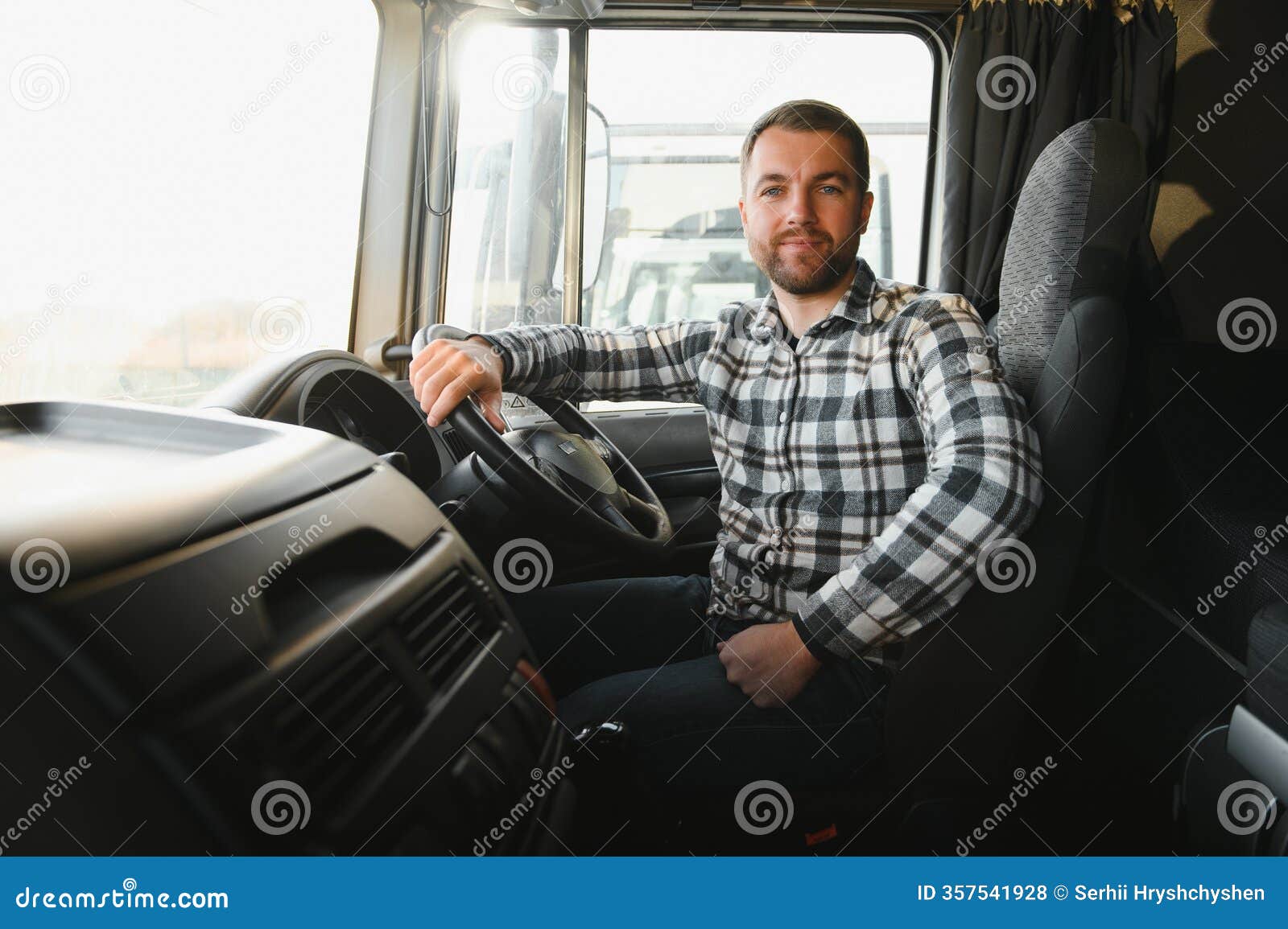 Driver Behind the Wheel in Truck Cabin Stock Photo - Image of road ...