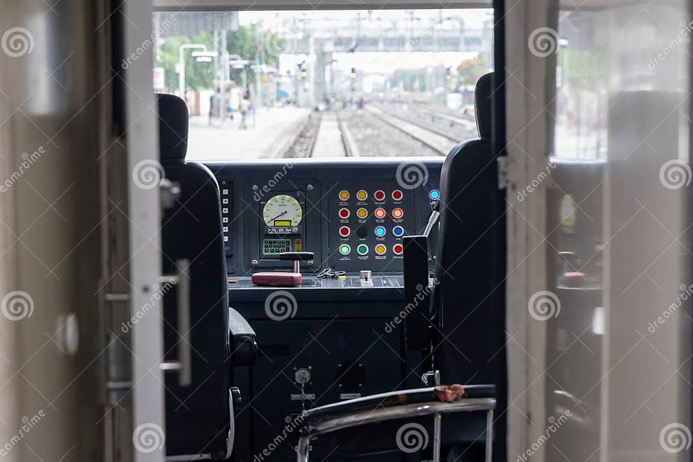 Driver Cabin Control Panel of High-Speed Train from Flat Angle during ...
