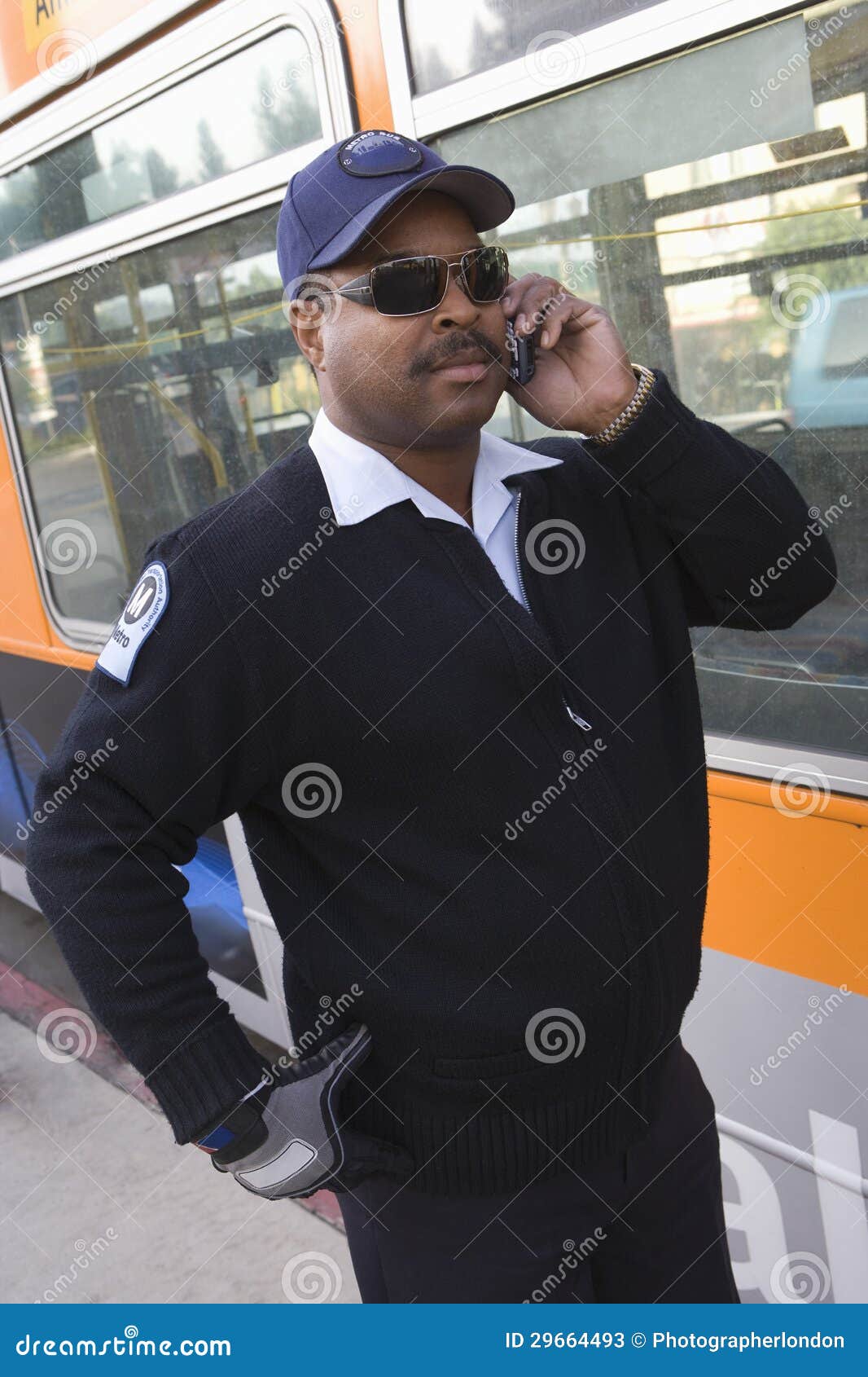 Driver on Call while Standing by Bus Stock Image - Image of uniform ...